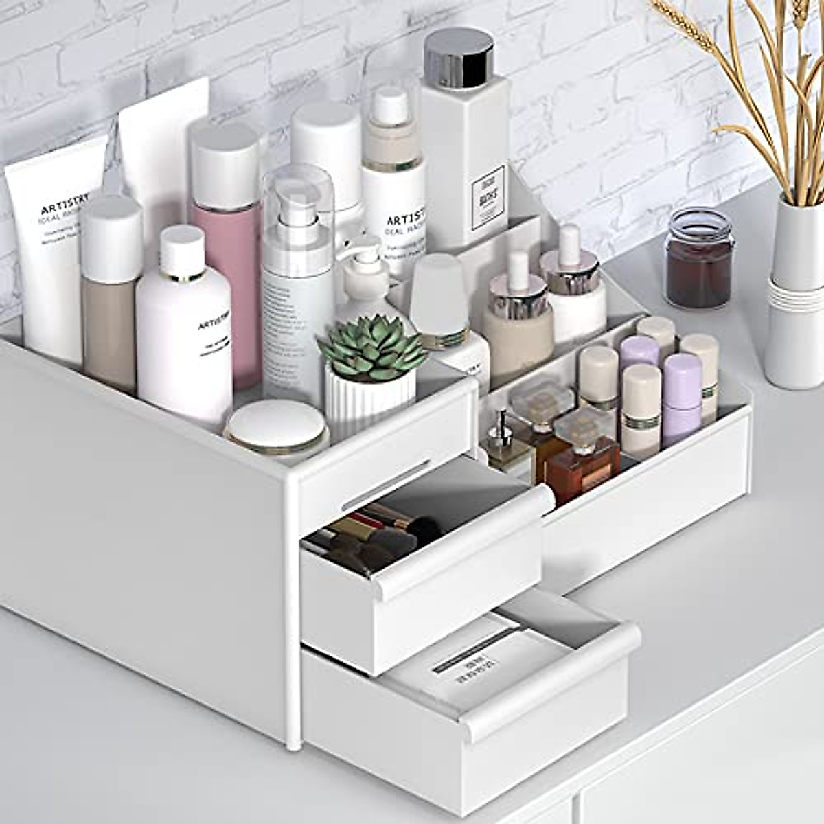 XIOU Makeup Desk Organizer with Drawers - Countertop Organizer for Cosmetics, Vanity Holder for Lipstick, Brushes, Lotions, Eyeshadow, Nail Polish and Jewelry (White)