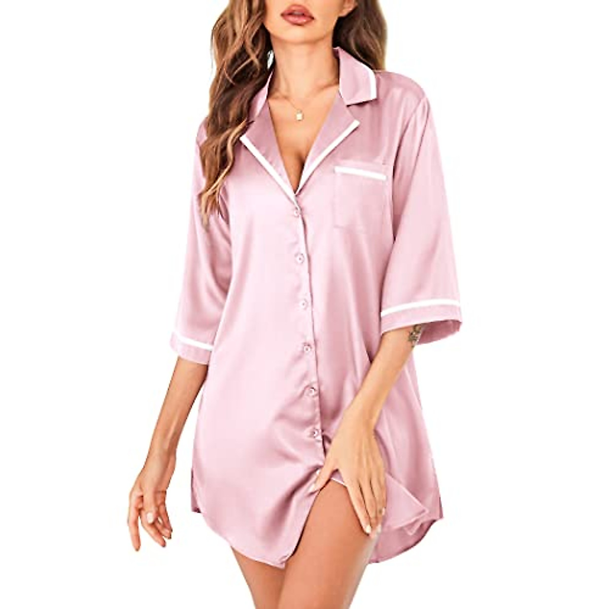 Ekouaer Women's Satin Night Shirts Women Nightgowns Sexy Sleep Shirts V Neck 3/4 Sleeve Sleepwear