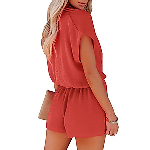 LYANER Women's Summer V Neck Wrap Ruched Front with Pockets Short Sleeve Romper Jumpsuit Red Medium