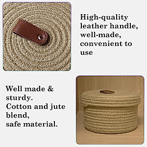 Aplolemo Jute Rope Basket with Lid,Decorative Woven Baskets with Lids,Leather Design Lidded Round Basket,Small Basket with lid,Storage Baskets with Lids-Set of 2（10"x6"/8.5"x5"）