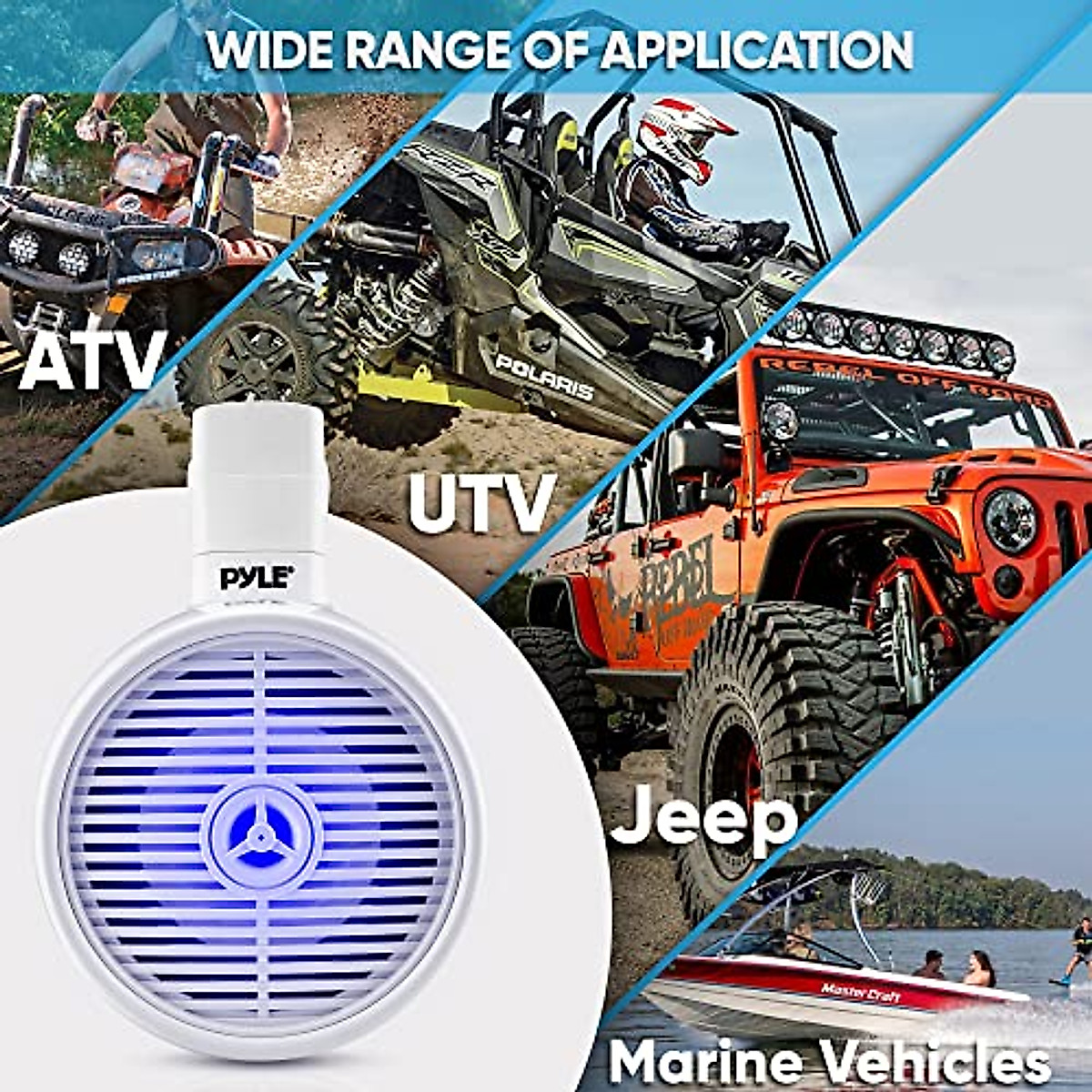 PyleUsa 6.5” 2-Way Marine Wakeboard Tower Speakers with Bluetooth and LED Lights, Full Range Waterproof Outdoor Speakers for Off-Road ATV, UTV, Jeep or Boat (White)