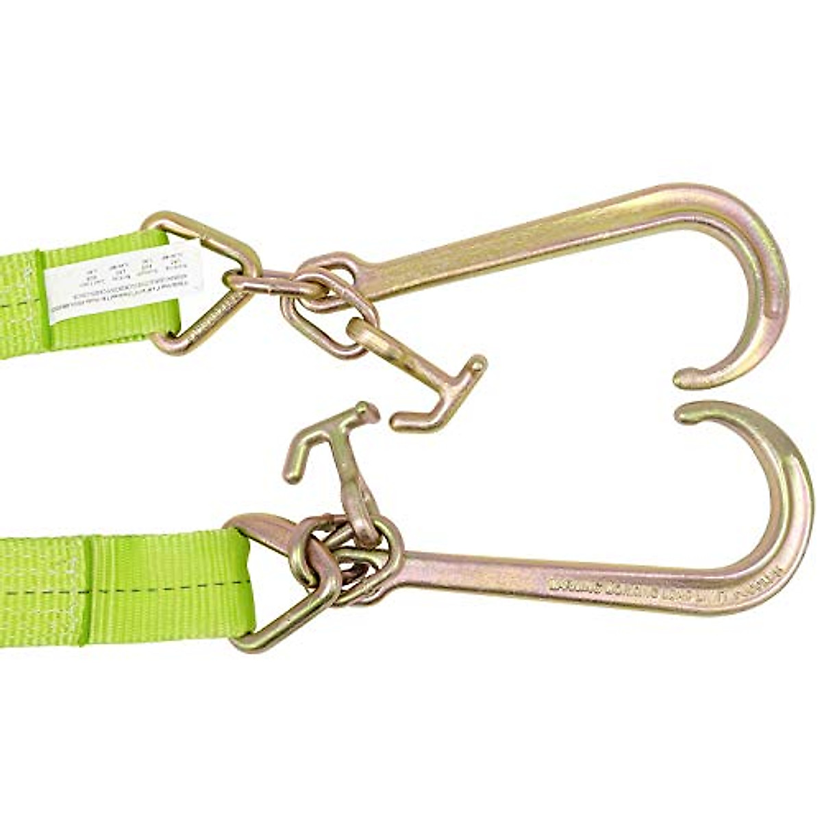 Mytee Products V Bridle Tow Strap 3" x 36" w/ 15" J Hook w/T-J Hooks, Hi VIZ/High Abrasion Green Webbing, 5400 lbs WLL | Recovery V-Strap w/Reinforced Webbing for Towing, Car Wrecker, Rollback