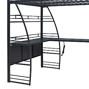 Full Size Metal Loft Bed with Desk and Bookcase, Modern Style Heavy-Duty Steel Frame Bunk Bed with Sockets, USB Ports and Wireless Charging (Full, Black)