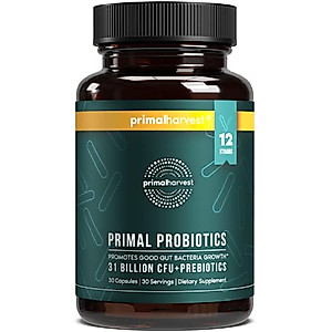 Primal Harvest PREbiotics and PRObiotics for Women & Men, Primal Probiotics 30 Oral Probiotics Capsules for Gut Health, 12 Dynamic Strains Probiotics for Women