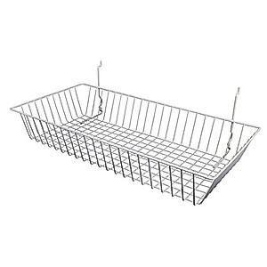 Epoxy Chrome Wire Basket for Pegboard, Slatwall or Gridwall (Set of 6), Merchandiser Baskets, Perfect For Commercial or Retailer, 24” L x 12” D x 4” H, Shallow Baskets (White)