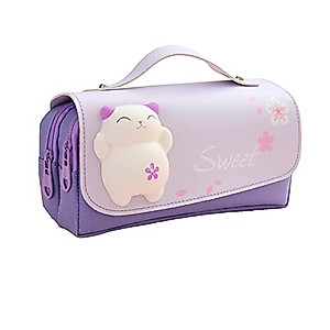 YBDXVX Pencil Case for Girls, Kawaii Pencil Case for Kids, Cute Pencil Pouch with Large Capacity and 3 Compartment, Cartoon 3D Extrusion Cat Toy Decoration, Purple