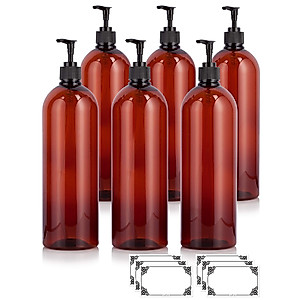 JUVITUS 32 oz Amber Boston Round PET Bottles with Black Lotion Pump (6 pack) + Labels