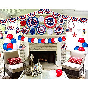 51PCS 4th/Fourth of July Decorations Set - Includes Patriotic Paper Fans,Pom Poms,Banner,Hang Swirls,Balloons - Red White Blue Memorial Day Party Decor Supplies