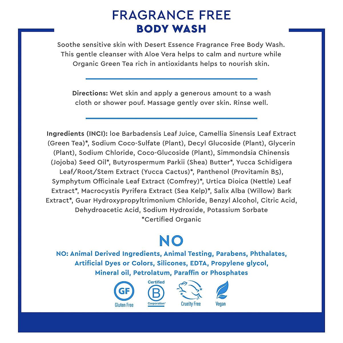 Desert Essence Fragrance Free Body Wash Sensitive Skin-Friendly Plant-Based Cleanser with Organic Aloe, Green Tea & Jojoba Oil - Nourishing Antioxidants - Vegan, Gluten-Free, Cruelty-Free - 8oz