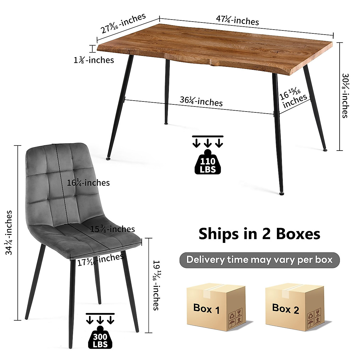 NORDICANA 5-Piece Dining Table Set, 47 in Modern Irregular Rectangle Kitchen Table & 4 Grey Velvet Upholstery Side Chairs, Metal Legs, Dining Room Set for 4