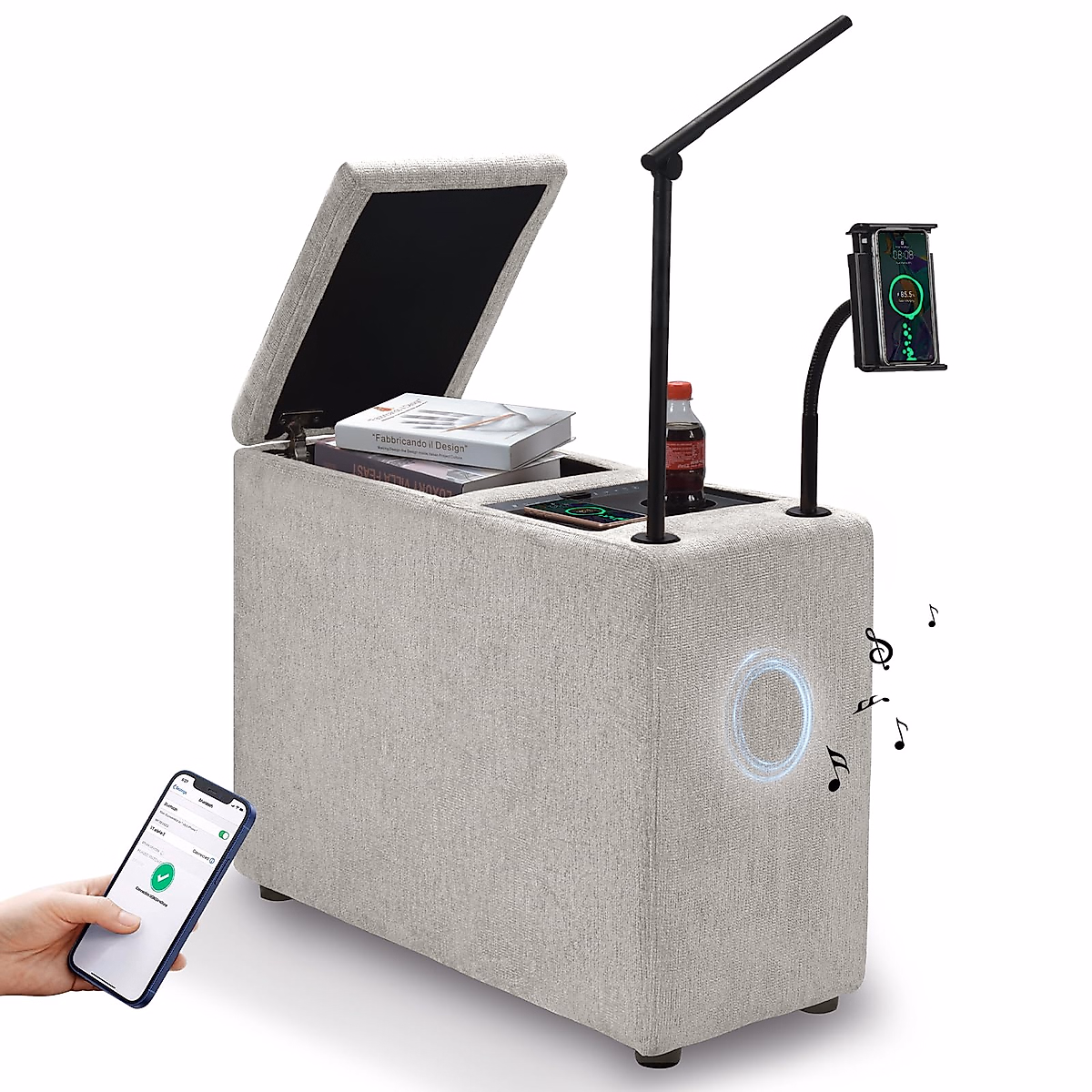 beyond SMART End Table with Audio,Upholstered Console, Modular Console with Cup Holder&Wireless Charging, Power Console Sofa Table, Almond