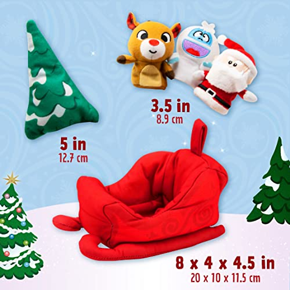 KIDS PREFERRED Christmas Rudolph The Red-Nosed Reindeer Finger Puppet Playset with Sleigh, 5 Pieces, Christmas Stuffed Animal Plush Toys, Finger Hands Party Toys (23133)