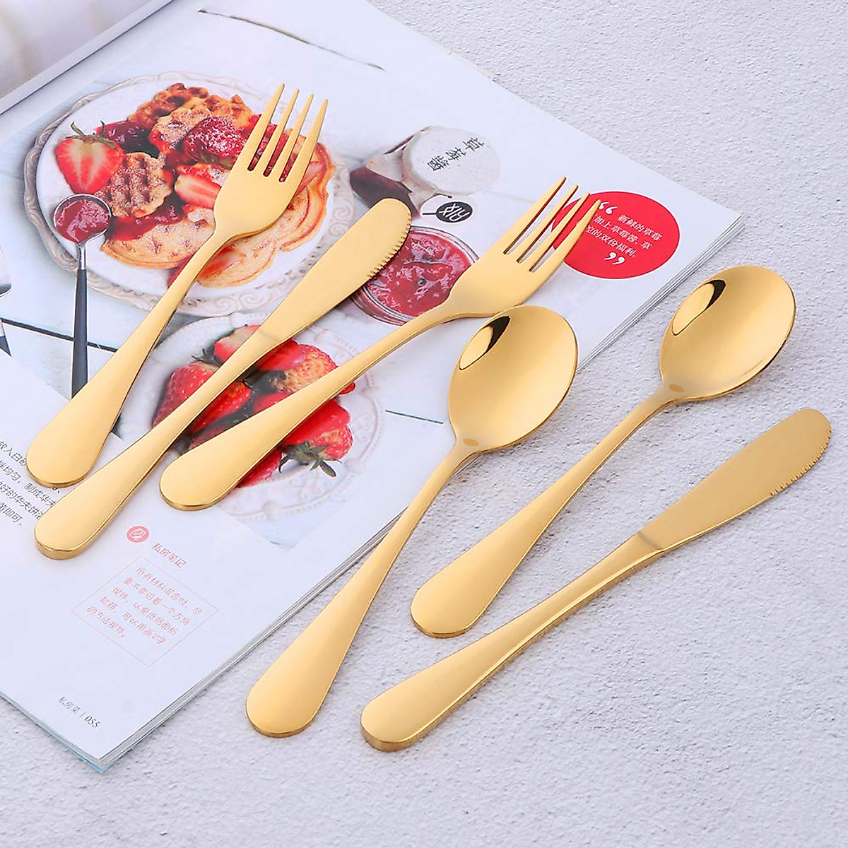 Bisda Flatware Silverware sets, 6pcs 18/8 Stainless Steel Student Cutlery Serving for 2, BPA-free Self-feeding Safe Kitchen Utensils, Mirror Polished (Gold)