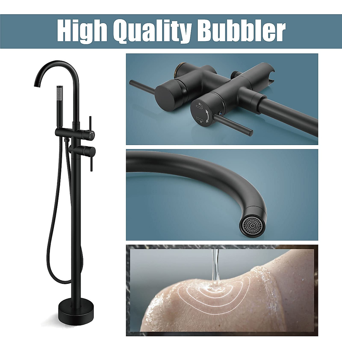 Aolemi Floor Mount Bathtub Faucet Freestanding Tub Filler Standing High Flow Shower Faucets Shower Mixer Taps Swivel Gooseneck Spout with Cylinder Handheld Matte Black