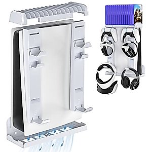 PS5 and PSVR2 Wall Mount, Grathia 8 in 1 Sturdy PS5 and PSVR2 Wall Mount Kit with Controller Holder and Headphone Hanger, 14 Video Game Storage Stand for Playstation 5 (Disc and Digital Edition)