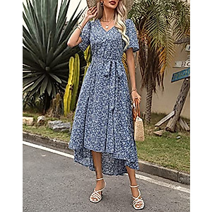 Maggeer 2023 Womens Casual Summer Dresses Short Sleeve Cute V Neck Ruffle Boho A Line High Low Flowy Swing Beach Modest Floral Maxi Dress with Pockets Dusty Blue XL