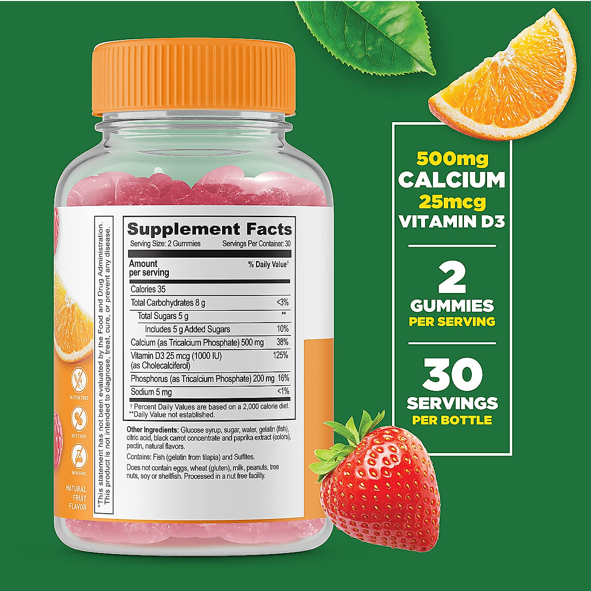 Lifeable Calcium 500 mg with Vitamin D3 1000 IU Gummies - Great Tasting Natural Flavor Vitamin Supplement - Gluten Free GMO-Free Chewable - for Bone Strength - for Adults, Man and Women - 60 Gummies