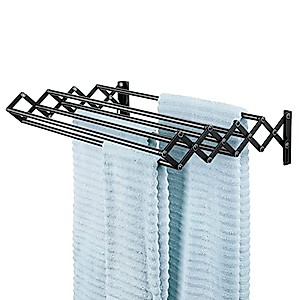 mDesign Steel Wall Mount Accordion Expandable Retractable Clothes Air Drying Rack - 8 Bars for Hanging Garments - Mounted Organizer for Laundry/Utility Room, Bathroom, Garage, Bardo Collection, Black