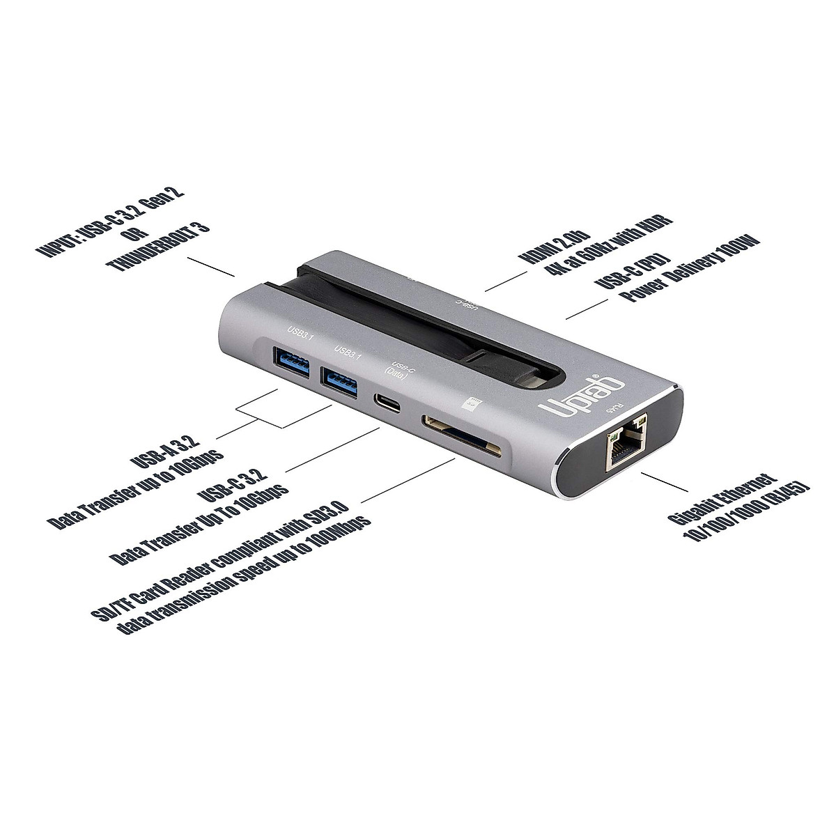 UPTab USB C 3.2 Gen 2 10Gbps 4K 60hz HDR Power Delivery 100W Hub - Compatible with Thunderbolt 3 New MacBook Pro 16in/Air iPad Pro iMac Mac Mini