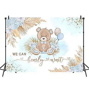 Mocsicka We Can Bearly Wait Backdrop for Boys Boho Chic Blue Flowers Balloons Photography Background Vinyl Boy Lovely Bear Baby Shower Cake Table Decoration Banner (Blue, 7x5ft)