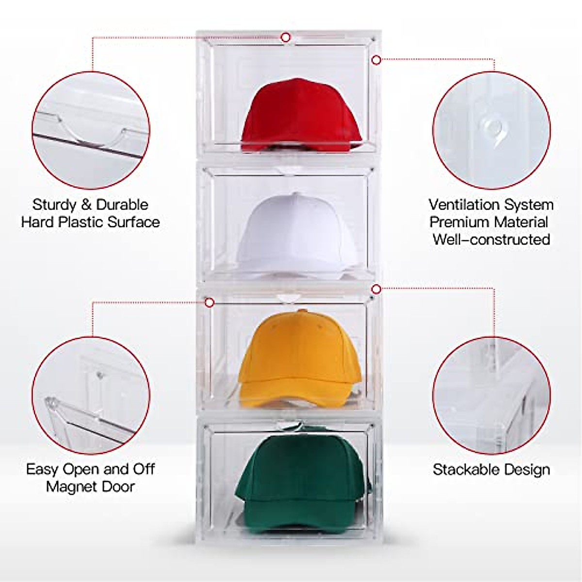 Hat Organizer Box for Baseball Caps (3 Pack) - Transparent Hat Display, Stackable Dust Hat Rack with Magnetic Door, Easy to assemble stylish hat stand for stylish hat display（transparent）