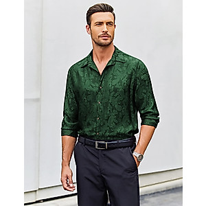 COOFANDY Mens Green Button Down Shirt Floral Jacquard Dress Shirts Long Sleeve Button Up Shirt Wedding Dress Shirts