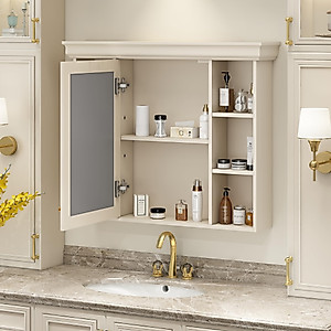 LUMISOL Wall Mounted Bathroom Storage Cabinet with Mirror Door, Modern Bathroom Wall Cabinet with 6 Open Storage Shelves, Wooden Medicine Cabinet for Bathroom, Living Room, Beige