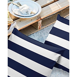 Outdoor Pillow Covers 26x26 Waterproof Polyester Throw Pillow Covers, Navy Blue White Stripes Decorative Pillowcases Garden Cushion Case for Patio Couch Sofa Decoration Set of 2, Geometric Summer