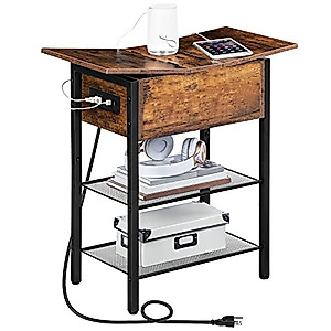 HOOBRO End Table with Charging Station, Narrow Side Table with USB Ports and Outlets, Flip Nightstand for Small Spaces, Sofa Couch Table Bedside Table, Living Room Bedroom, Rustic Brown BF158UBZ01G1