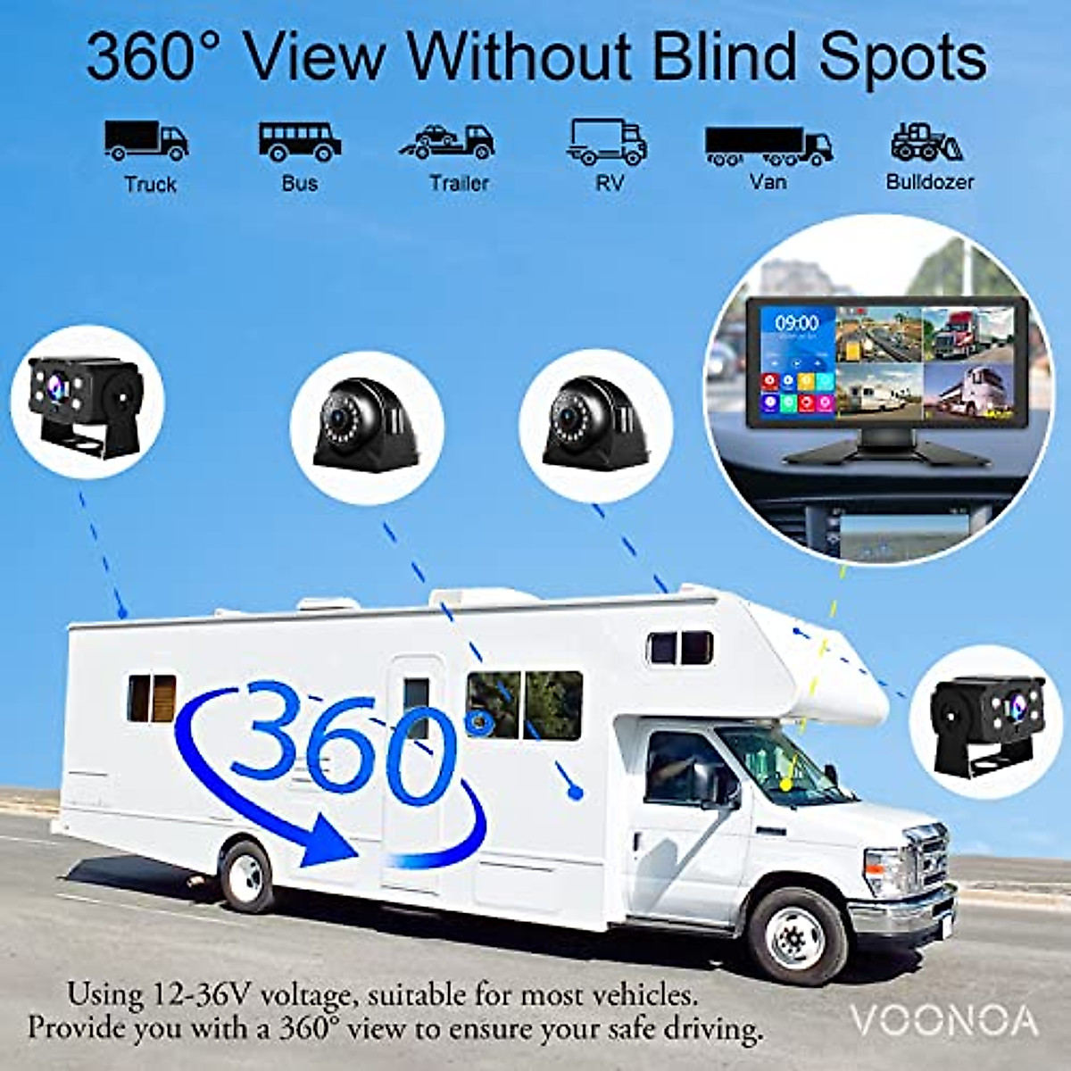 4K RV Backup Camera System 10.36" Quad Split Touch Screen Monitor with 4 1080P Rear Side View Camera, DVR Recording Bluetooth MP3 MP5 IP69 Waterproof Night Vision for RV Truck Semi Trailer Bus Tractor