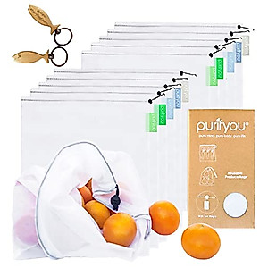purifyou Set of 10 Reusable Produce Bags | Multipurpose Large (12x14), Farmers Market Bags, Washable Shopping Bags, Gift Bags, Storage for Fruits, Vegetables, Toys, Groceries, Kitchen & Home Organizer