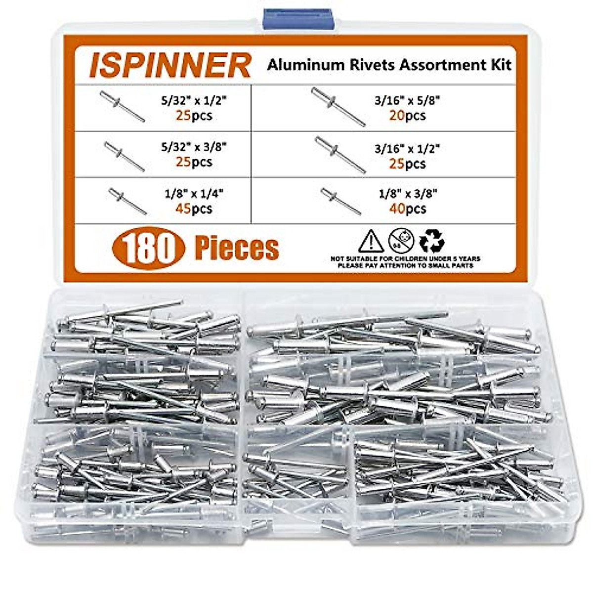 ISPINNER 180pcs 6 Sizes Aluminum Blind Rivets, Pop Rivets Assortment Kit (Silver)