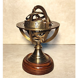 Karv Instruments Antique Brass 6" Decorative Armillary Sphere Globe Astrolabe Zodiac Engraved Celestial Globe Wooden Base