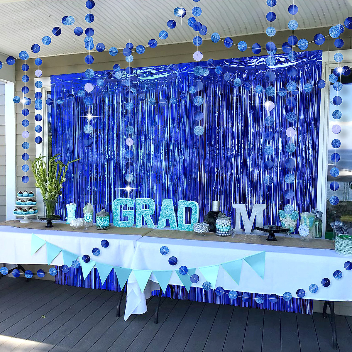 Decor365 Blue Fringe Curtains Blue Party Decorations Blue Circle Garlands Streamers Banner Backdrp for Wedding Graduation Bridal Shower Bachelorette Ramadan Birthday Party Supplies