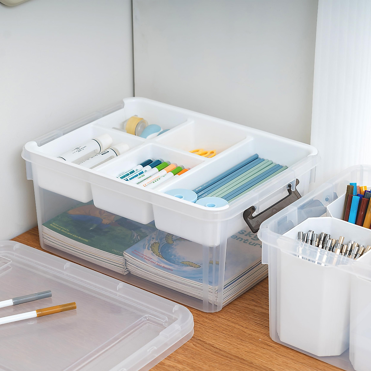 Citylife 17 QT Plastic Storage Box with Removable Tray and 6 Detachable Tall Inserts Craft Organizers and Storage Clear Storage Container for Organizing Crayon, Craft, Sewing, Playdoh