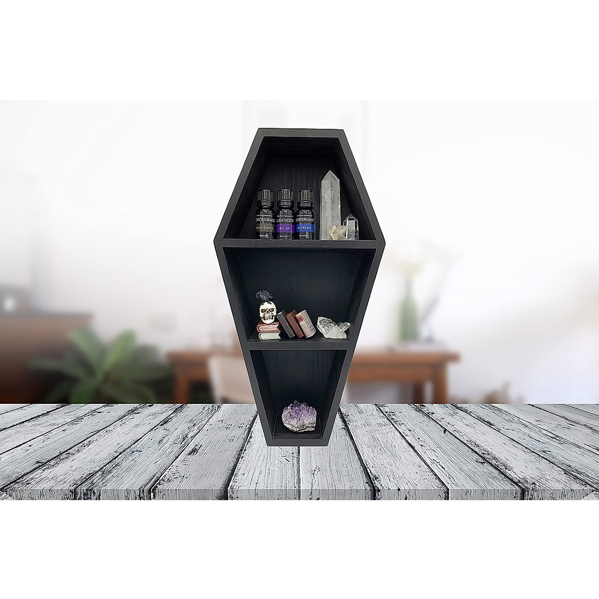Rory's Creative Designs Coffin Shelf - Solid Pine Wood Black Floating Wall Shelves for Home Bedroom Living Room Bathroom - Spooky Gothic Decor for Witchy Horror Crystal Display - 15" Tall by 8" Wide