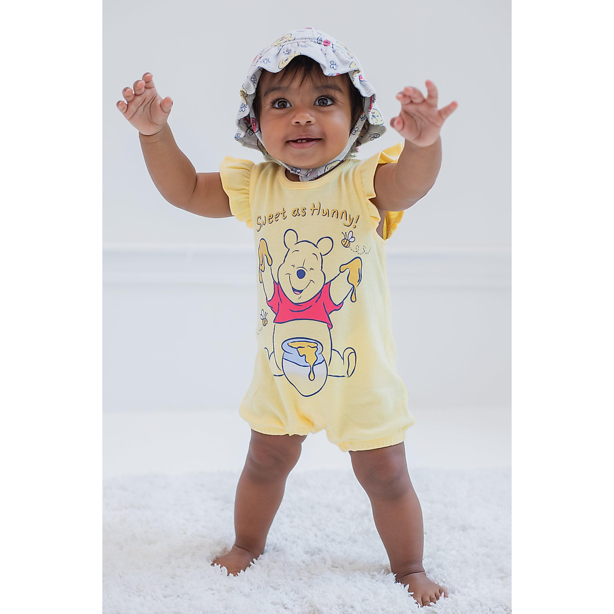 Disney Winnie the Pooh Newborn Baby Girls Snap Romper and Bucket Sun Hat Yellow 3-6 Months