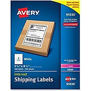Avery Half Sheet Printable Shipping Labels, 5.5" x 8.5", White, 500 Blank Mailing Labels (95930)