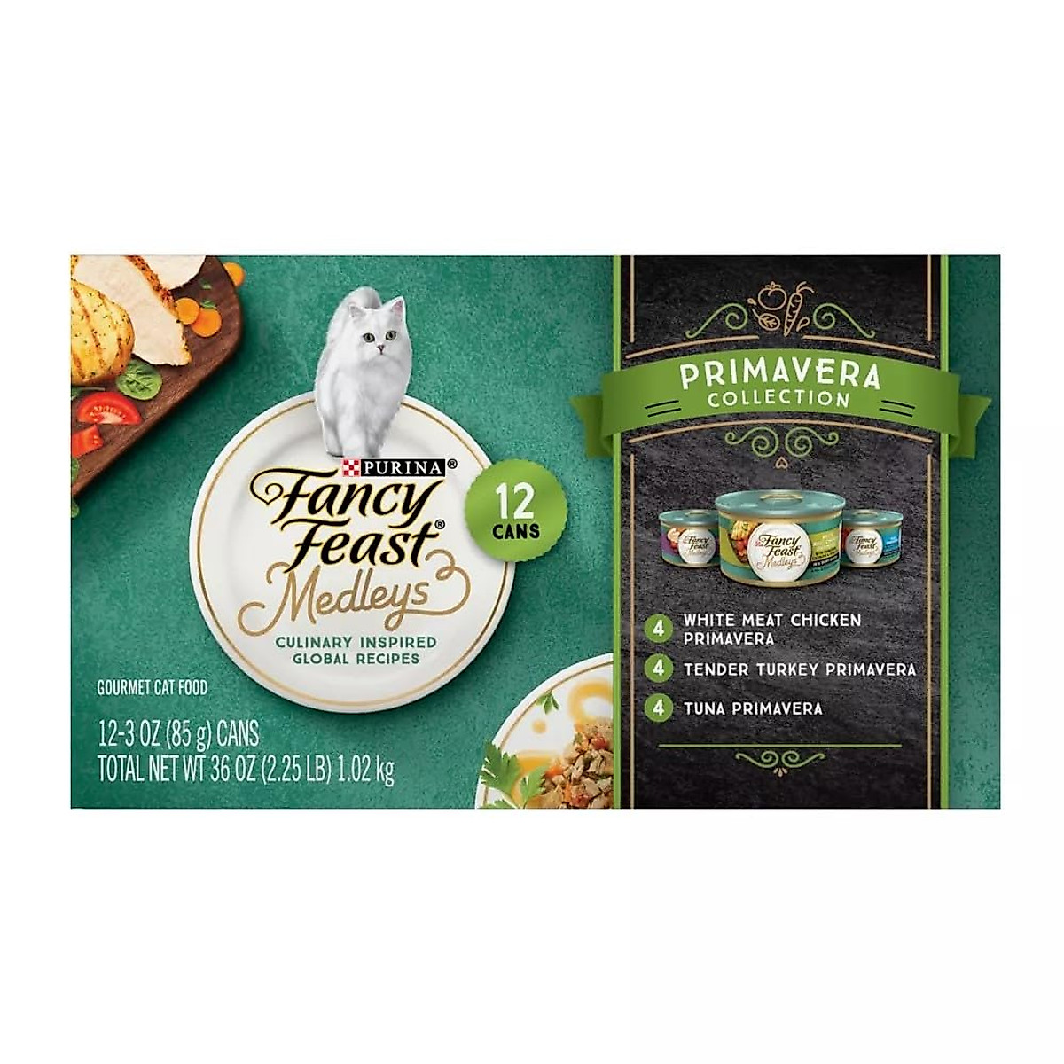 Fancy Feast Elegant Medleys Primavera Collection Cat Food Variety Pack 12-3 oz. Cans [Contains: 4 Each: Tender Turkey Primavera, Tuna Primavera, and White Meat Chicken Primavera]