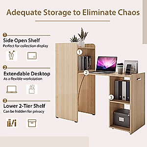 Tangkula Extendable Computer Desk for Small Space, Reversible Home Office Desk with Anti-Tipping Kit, Folding Study Writing Desk, Pull-Out PC Laptop Workstation Desk, Brown/Natural (Natural)