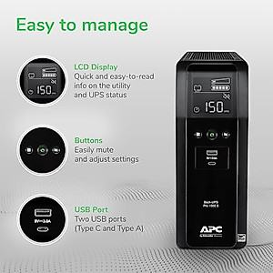APC UPS 1500VA Sine Wave UPS Battery Backup, BR1500MS2 Backup Battery Power Supply, AVR, 10 Outlets, (2) USB Charger Ports