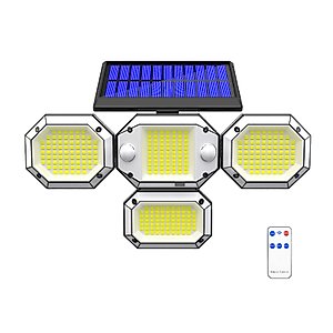 306 LED Solar Flood Light Security with Two PIR Motion Sensors IP65 Waterproof 4 Heads 3100Lum with Adjustable Spot Wall Light Garden Lighting (1Pack)