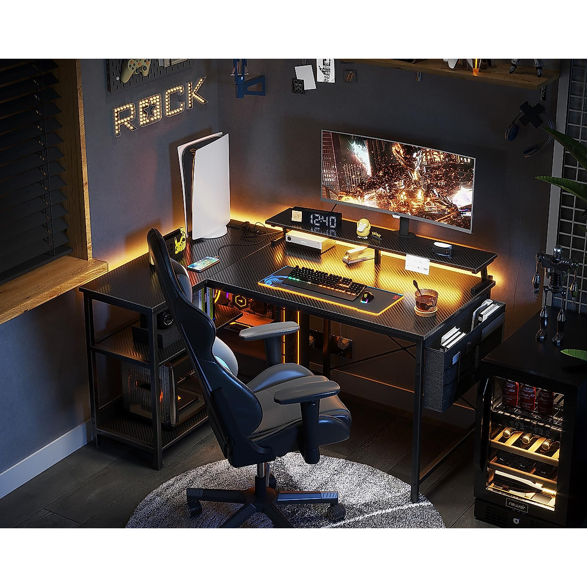 ODK 48 Inch Gaming Desk with USB Charging Ports and LED Lights, Reversible L Shaped Computer Desk with Storage Shelves & Monitor Stand, Corner Gamer Desk Table with Power Outlets, Black