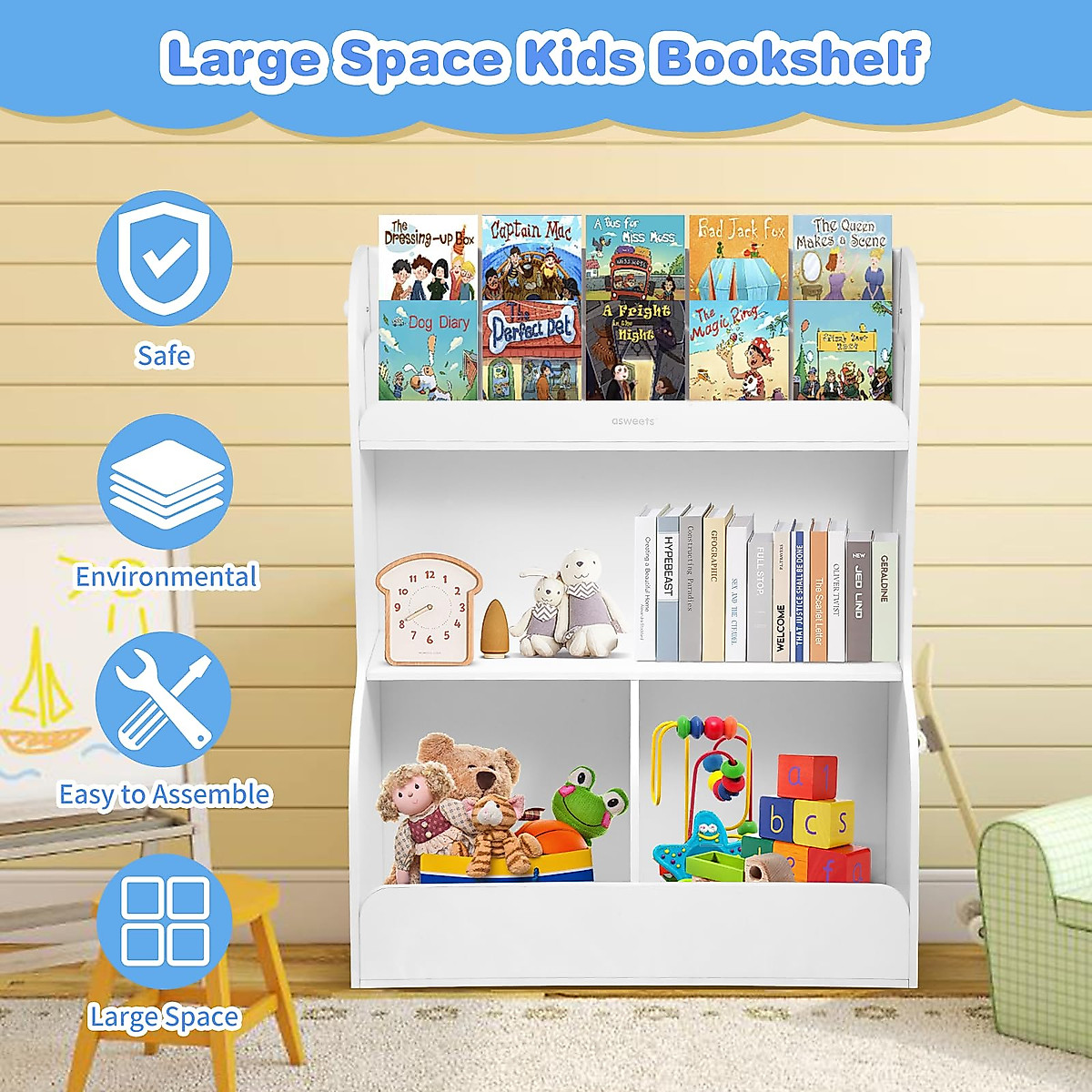 Asweets 2 in 1 Kids Bookshelf & Montessori Toy Storage Cubby, 3 Tiers Children Wooden Bookcase, Fit for Kids Room, Playroom, Kindergarten, Nursery, 31.5''L x 14.6''W x 39.4''H (White)