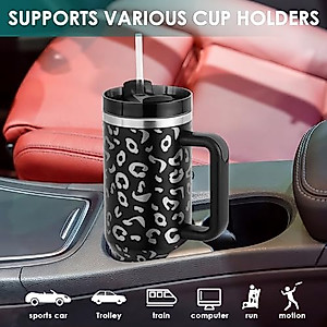 PIMDIR Black 40oz Leopard Tumbler With Handle Straw Lid, Insulated Stainless Steel Travel Cup iced Coffee Mug Keep Cold, Birthday Gifts For Women Men Lovers, Car Cup Holder Friendly