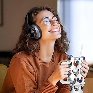 qoepfnsh 40 oz Chicken Tumbler with Handle and Straw, Boho Rooster Stainless Steel Vacuum Insulated Travel Coffee Mug Cup Water Bottle, Chicken Stuff Accessories Decor, Rooster Gifts for Women Girls