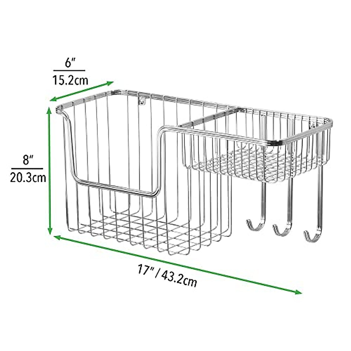 mDesign Metal Wire Wall Mount Entryway Storage Organizer Mail Basket Holder with 3 Hooks, 2 Compartments - for Organizing Letters, Magazines, Keys, Coats, Leashes - Chrome
