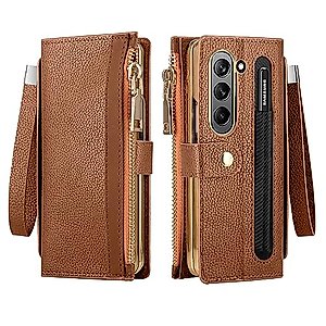 Wallet Case for Samsung Galaxy Z Fold 5 2023, Luxury Electroplated Golden Frame Lanyard Strap Zipper PU Leather Magnetic Closure Flip Folio Case with Card Holder S Pen Holder,Brown