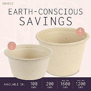 brheez 2 oz - Pack of 100 Disposable Bagasse Fiber Souffle Cups , 100% Natural, Biodegradable & Compostable Perfect for Condiments Small Portion & Samples Eco Friendly Paper Alternative - Natural