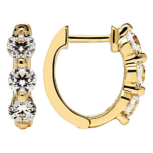 Everyday Elegance 14K Solid Yellow Gold Earrings Round Cut Huggie Hoop 3-Stone Cubic Zirconia .50 CTW With Gift Box